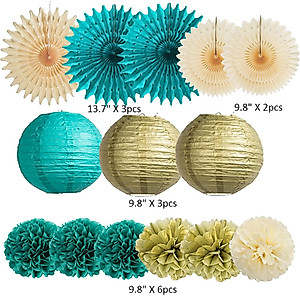 Teal and Gold Party Decorations Teal Blue Paper Lanterns Pom Poms Paper Fans Cream Teal Party Decorations with Gold Star Garland for Teal Gold Birthday Baby Shower Wedding Engagement Graduation Party