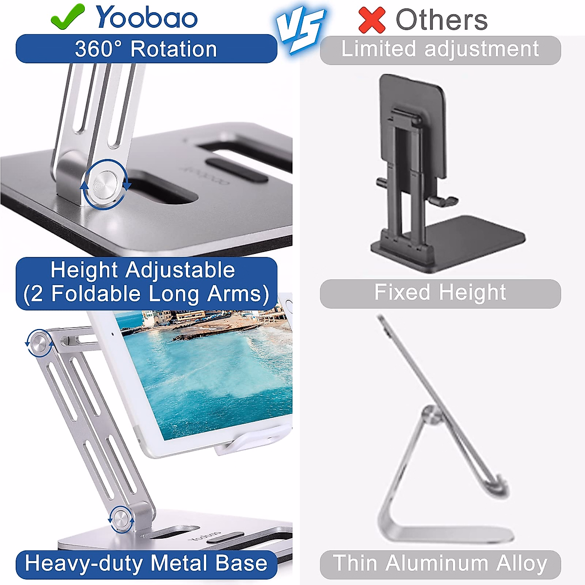 Yoobao Tablet Stand Holder, [Tightness Adjustable] 360° Swivel Foldable Aluminum iPad & Phone Stand for Desk with Heavier Base, Fit for 4.7"-12.9" Microsoft Surface Pro/iPad- Silver