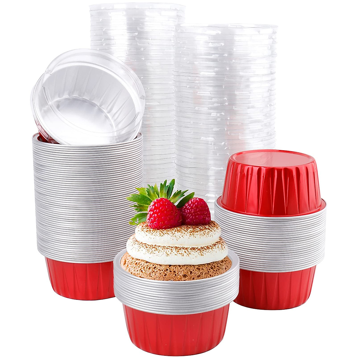 DEAYOU 100 Pack Aluminum Foil Ramekins with Lids, 5oz Muffin Cupcake Baking Liners Cups, 3" Round Disposable Recyclable Tart Pie Tin Pan Holder for Pudding, Party, Wedding, Oven Freezer Safe, Red