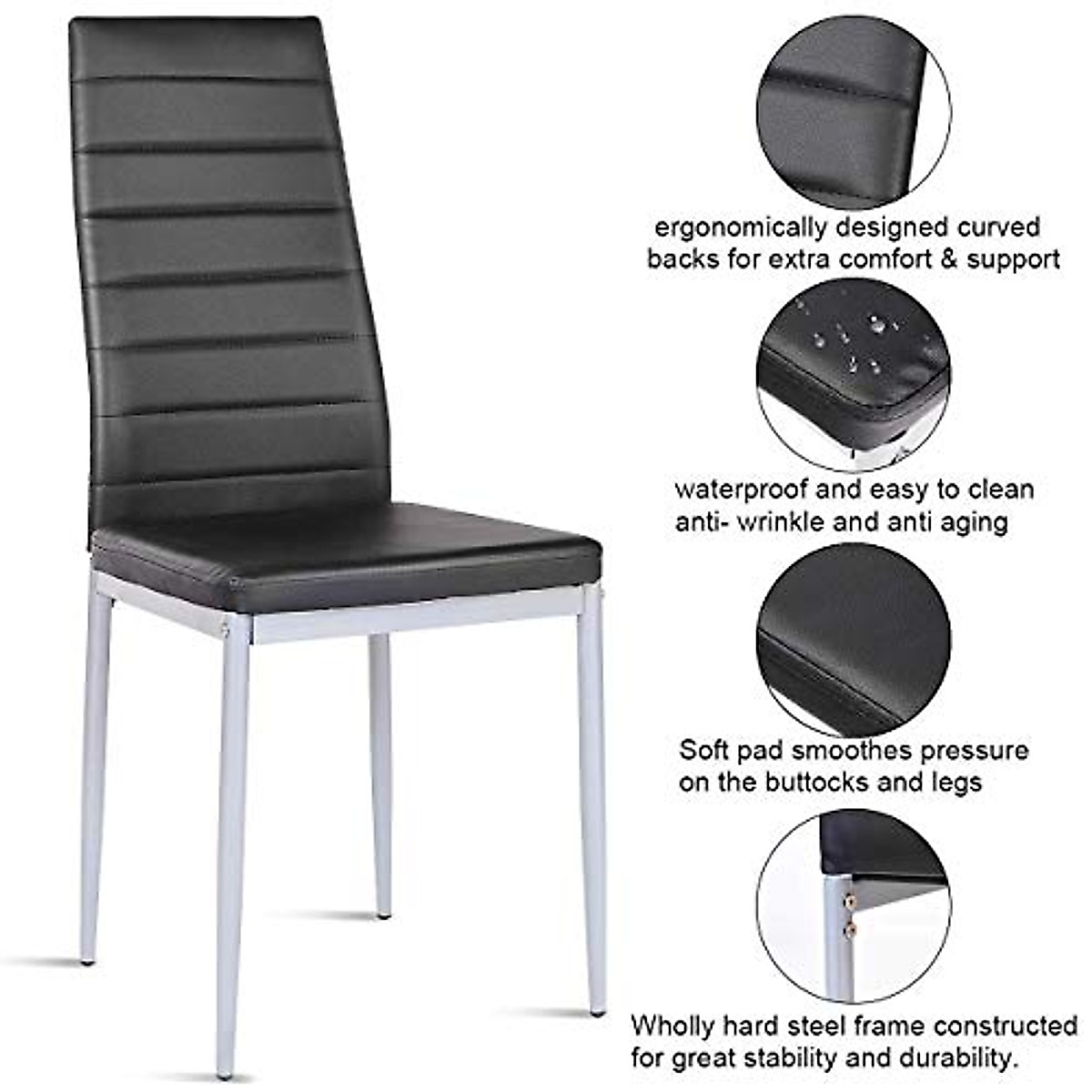 Giantex Set of 4 PU Leather Dining Side Chairs with Padded Seat Foot Cap Protection Stable Frame Heavy Duty High Back Design Dining Chairs for Kitchen Dining Room Home Furniture, Black