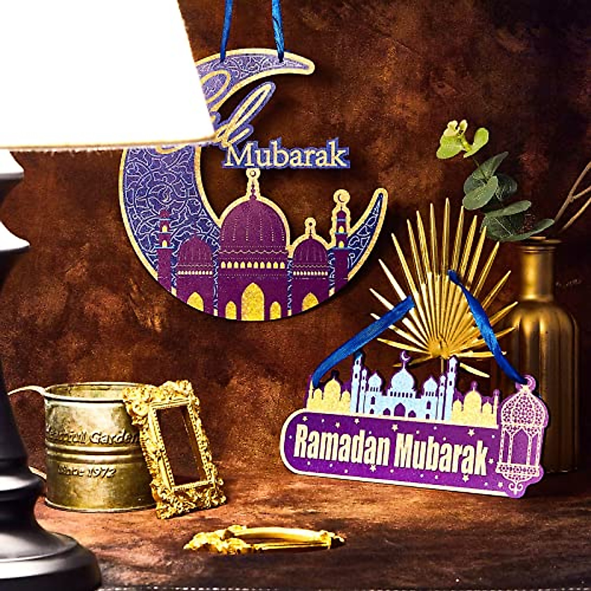 Jetec 2 Pieces Eid Ramadan Mubarak Decorations Eid Mubarak Wood Hanging Signs Eid Mubarak Moon Ornament Wall Door Window Decor Party Supplies