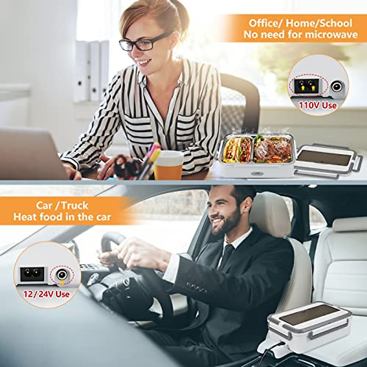 MDHAND Electric Lunch Box, Heating Lunch Box, 2 In 1 Food Warmer Lunch Box 110V/12V for Car and Home, 304 Stainless Steel Lunch Box Container, Upgrade 60W Faster Heating Food Warmer Lunch Box