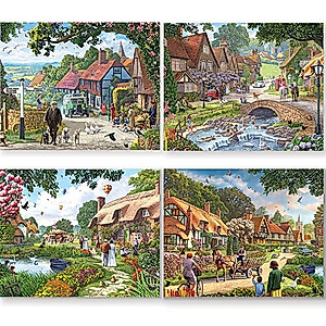 Bits and Pieces – 4-in-1 Multi-Pack 500 Piece Jigsaw Puzzles for Adults – Village Life by Artist Steve Crisp, Completed Puzzle Size: 16" x 20"