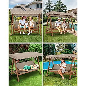 Kybolt Wooden Patio Swing with Adjustable Canopy,3-Seater Wood Patio Swing Bench Bed with Removable Cushion,Patio Swing Glider with Flatbed for Backyard Garden Balcony Poolside
