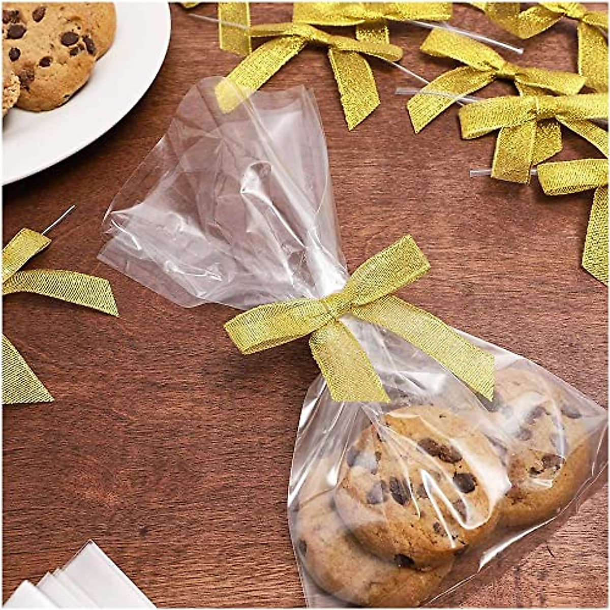 Gold Satin Bow Twist Ties for Treat Bags (100 Pack)