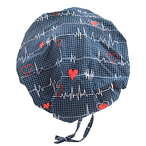 Bouffant Navy Blue Heart Beat EKG Scrub Cap with Adjustable tie