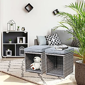 Verano Garden Patio Storage Ottomans, All Weather Wicker Ottoman Set with Removable Cushions, Outdoor Footstool footrest seat for Backyard, Garden, Poolside, Set of 2 (Grey)
