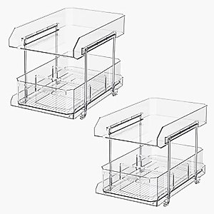 SANNO 2 Tier Clear Organizer with Dividers, Kitchen Pantry Pull-Out Under Sink Organizer Sliding Storage Drawers Baskets, Medicine Bins Bathroom Vanity Counter Organizing Tray