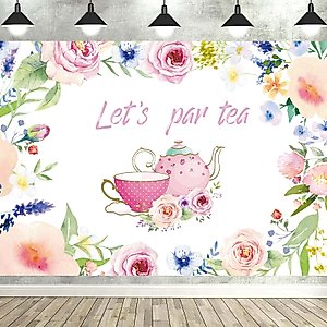 Let's Par Tea Backdrop Tea Time Photo Background Teapot Teacups High Tea Themed Bridal Shower Engagement Bachelorette Baby Shower Party Supplies Photo Studio Props Decorations