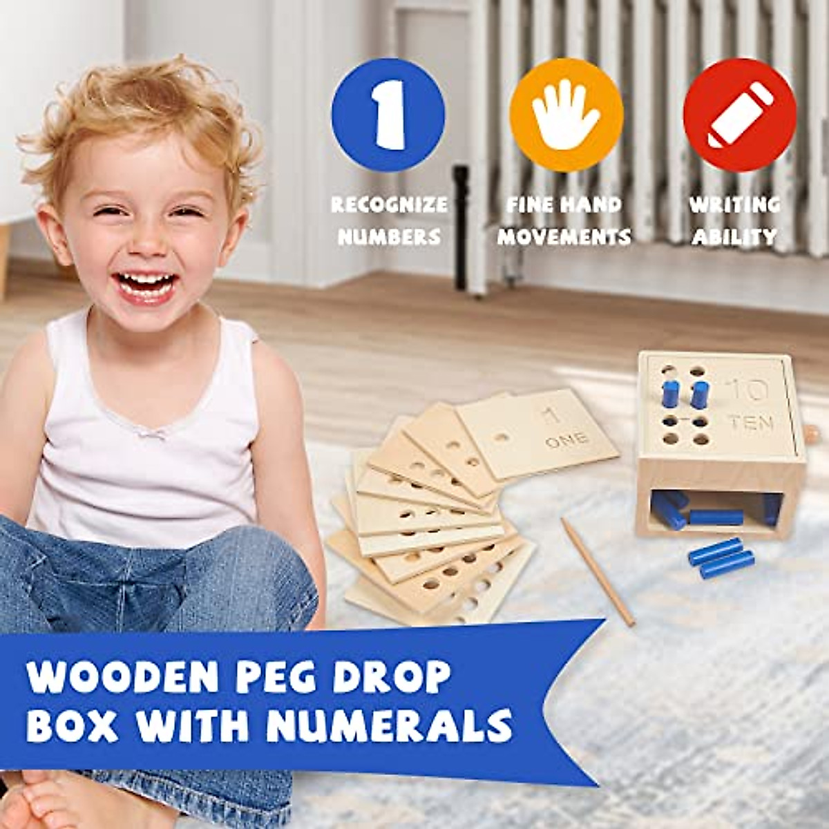 Montessori Toddler Counting Peg Board Box with Number- Wooden Counting Box Toys for Toddlers 1-3,Montessori Math Manipulatives Materials and Numbers,Montessori Toys for 3 Year Old,Peg Board for Kids
