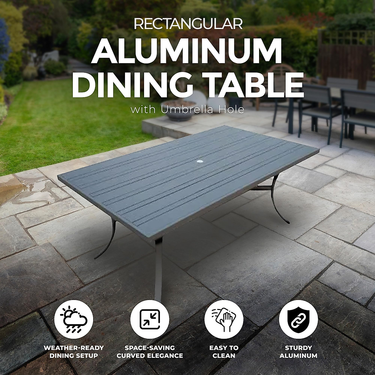 Four Seasons Courtyard Tuscany 72x39 Rectangular Dining Table Outdoor Backyard Patio Bistro Aluminum Slate Tabletop Furniture w/Umbrella Hole, Black