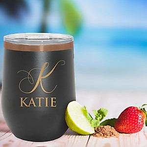 Custom Engraved Insulated Stemless Wine Tumbler Cup - Personalized Bridesmaid Beach Pool Girls Fun - Monogrammed (Black with Gold)