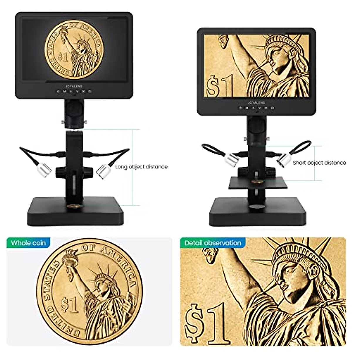 JOYALENS JL249PS 3 Lenses 10 Inch HDMI LCD Digital Microscope, UHD 4000× 24MP Biological Microscope with Prepared Slides, Coin Microscope for Full-Size Coins Error Coins, PC/TV Compatible, 32G Card