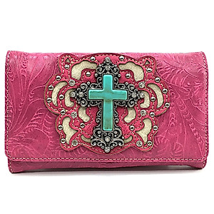 Justin West Western Floral Laser Cut Embroidery Studded Silver Rhinestone Cross Wristlet Trifold Wallet Attachable Long Strap (Purple)