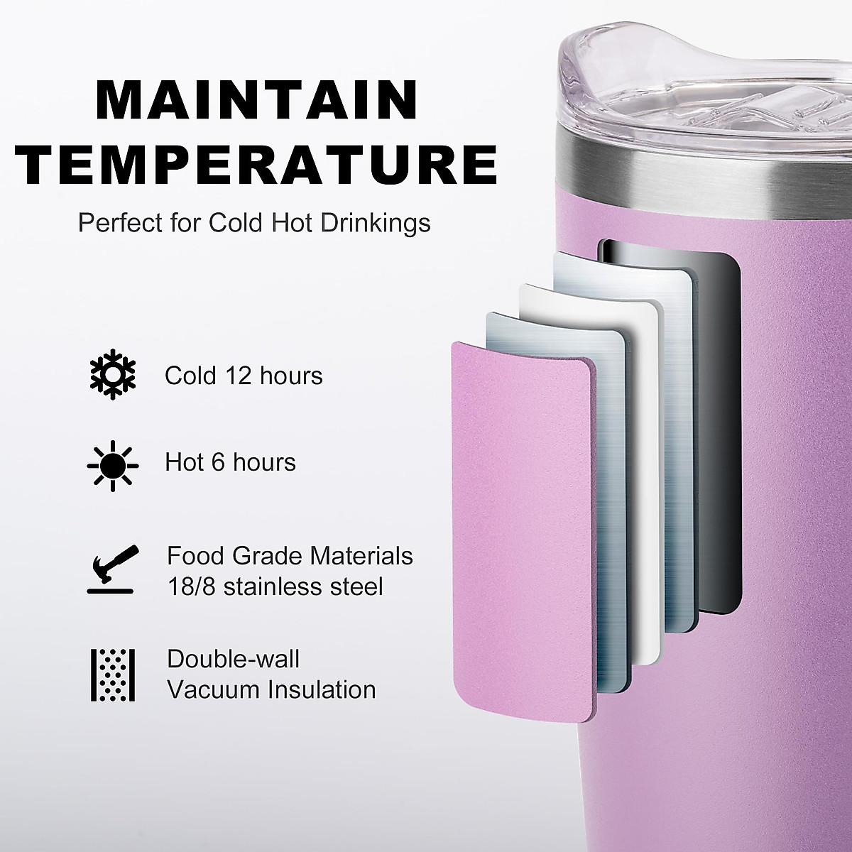 koodee 20 oz Insulated Coffee Mug with Lid and Handle, Stainless Steel Double Wall Vacuum Camping Mug Travel Coffee Tumbler (Purple Pink)