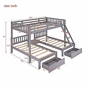 Wood Triple Bunk Bed,Triple Bunk Bed, Full Over Twin & Twin Bunk Bed with Drawers,Frame with Guardrails and Ladder for Kids, Teens, Adults, Space-Saving Design (Gray with Drawers)