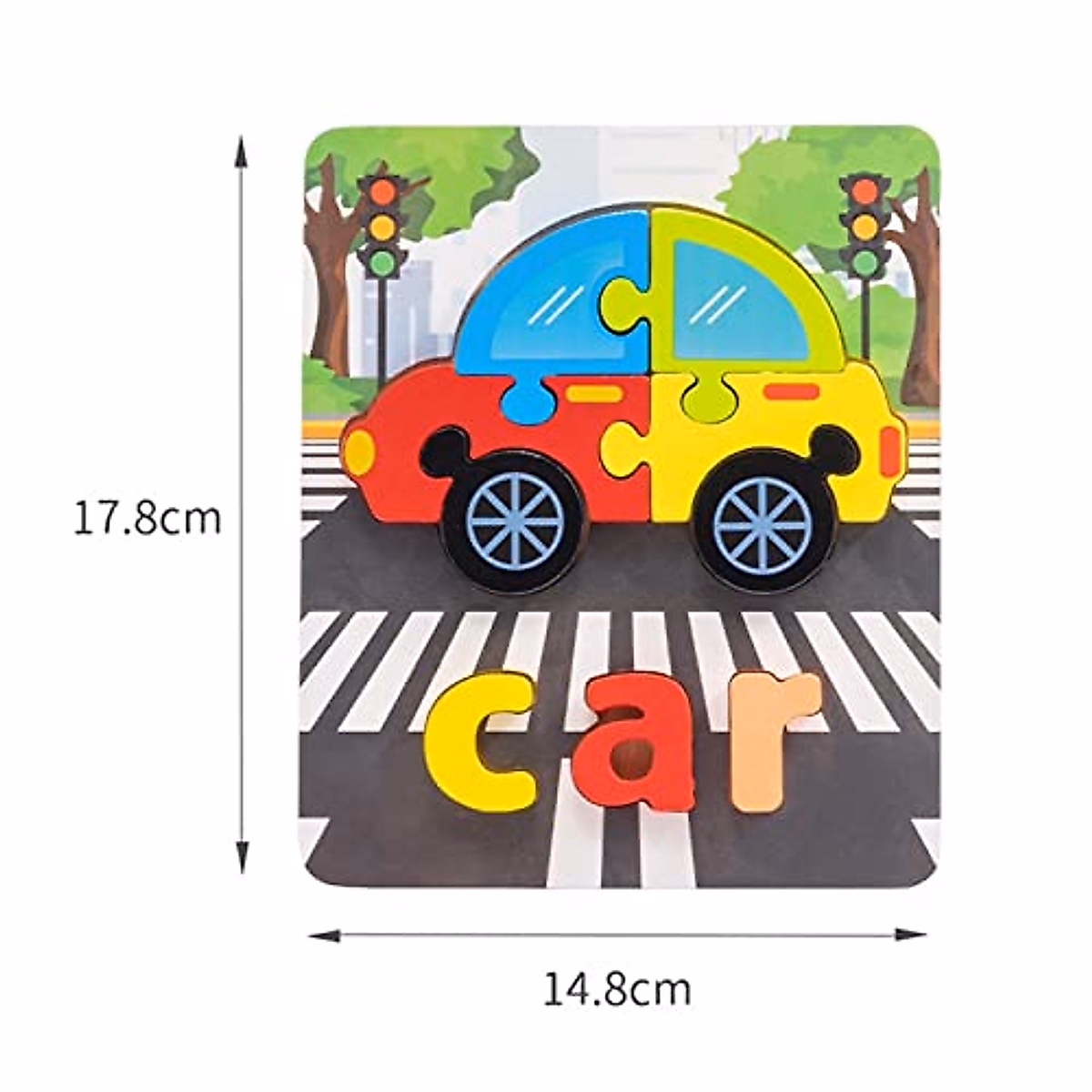 Almencla Children 3D Shapes Letter Wood Jigsaw Puzzle Montessori Toy Birthday Gift Vibrant Colors Early Learning Tool Accessories Rounded Edges, Automobile