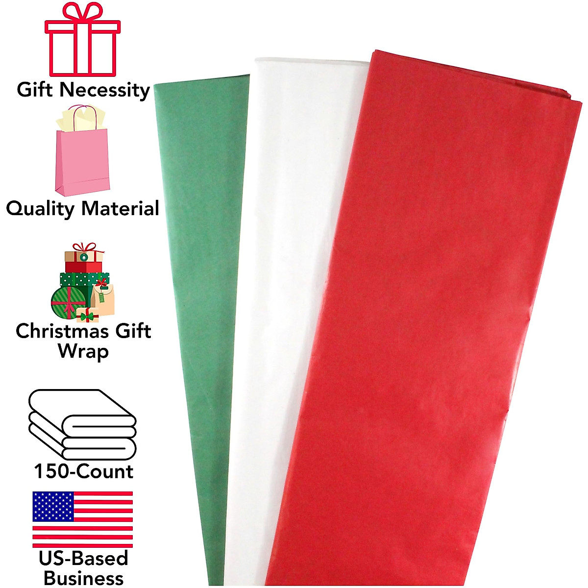 Iconikal Christmas Tissue Paper Assortment, 20 x 20-Inch, 50 of Each Red, White, Green, 150-Count for Gifts, Boxes, Decorations, Bags, Wrapping