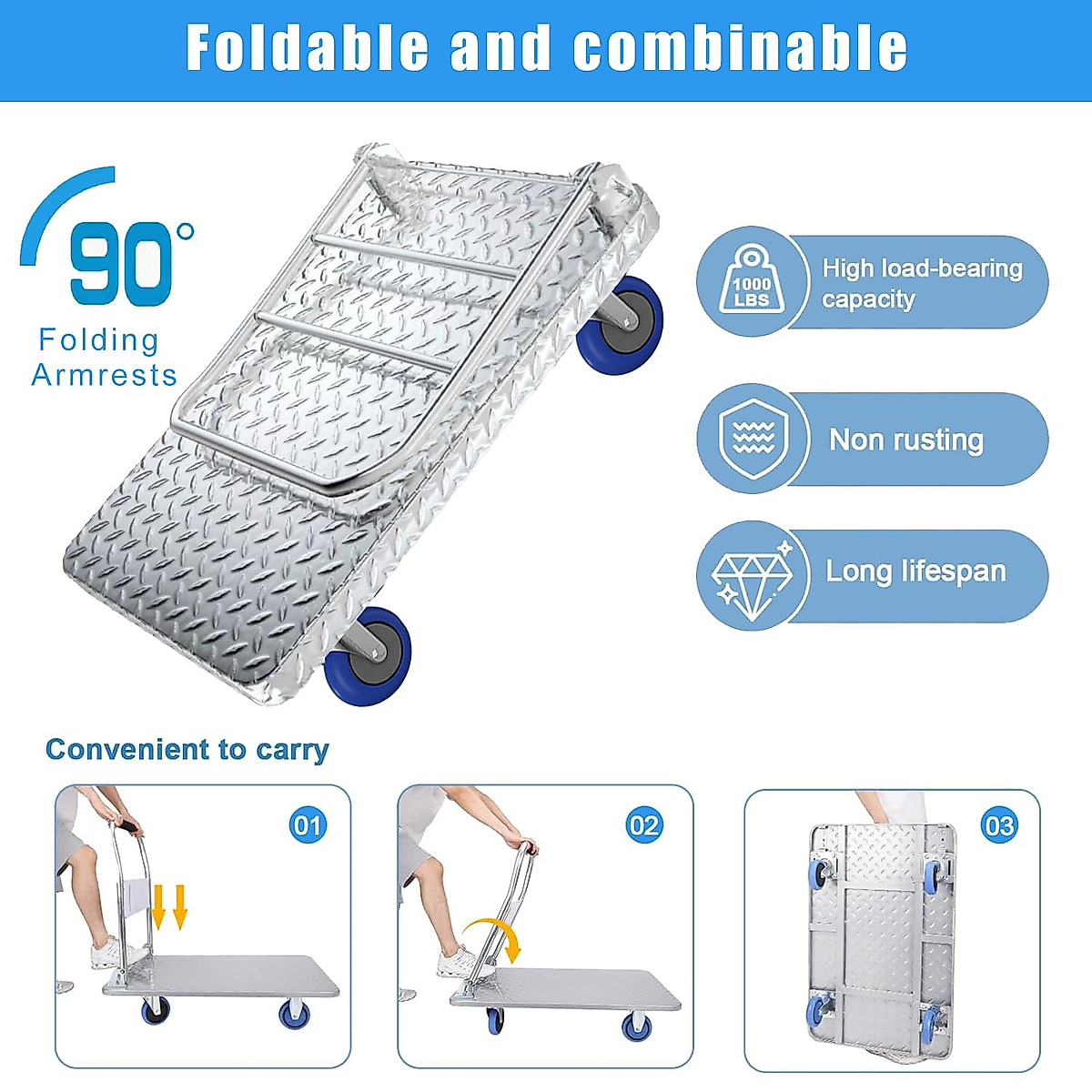 36" L x24 W Platform Truck Steel Foldable Push Cart,2000 LBS Capacity Heavy-Duty Moving Platform Trucks Hand Cart for Groceries, Warehouse Transport with 5’ Nylon Casters