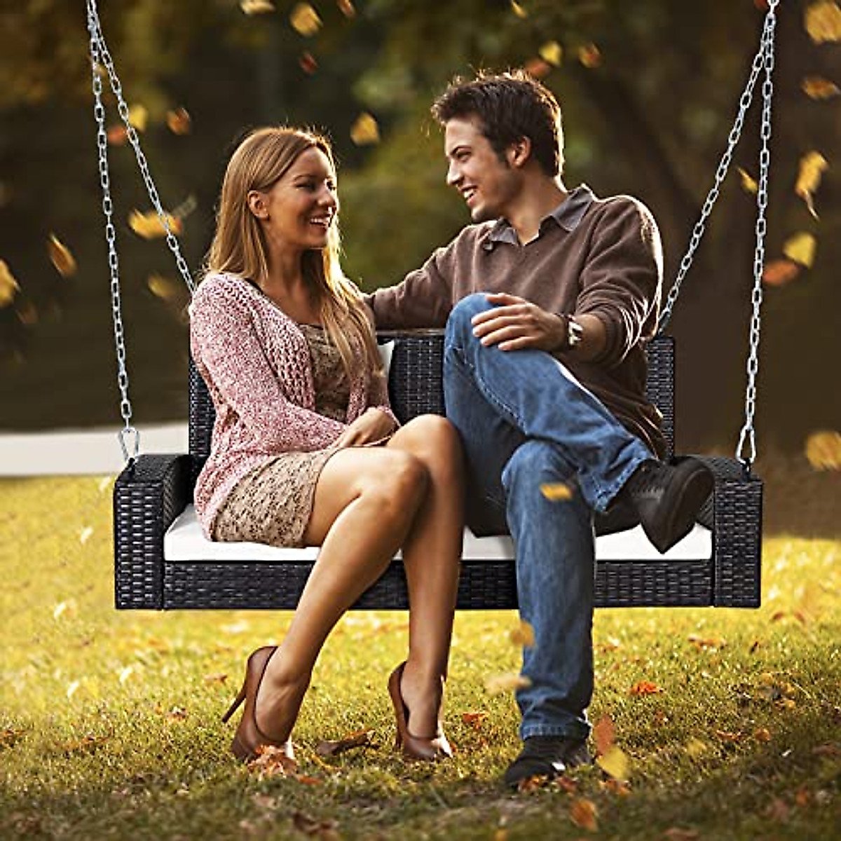 Happygrill Porch Swing Bench Outdoor 2-Person Patio Rattan Swing Chair with Soft Cushions, 7.9ft Reinforced Steel Chain, Solid Steel Frame, Perfect for Backyard, Poolside, Front Porch White