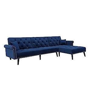 Cotoala L-Shape Convertible Sectional Sleeper Sofa with 2 Pillows, Adjustable Back, Modern Velvet Couch with Lounge Chairs, for Living Room, Office, Blue