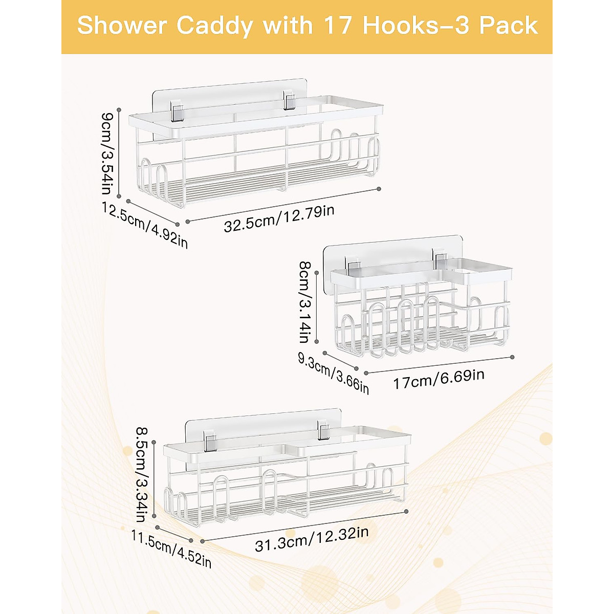Uamector Shower Caddy Shelves Bathroom Organizer, 2 Pack Adhesive Rustproof Stainless Steel Black Shower Shelf for Inside Shower, No Drilling Wall Mount Shower Organizer Storage for Kitchen