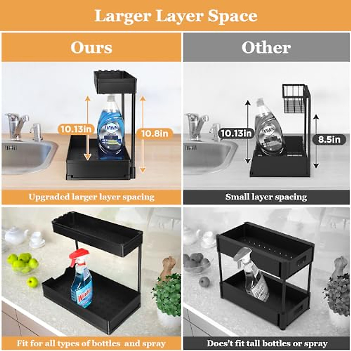 Under Sink Organizer 2 Tier, IVMAIE 2 Pack Under Sink Storage with 8 Hooks, L-Shaped Sliding Under Cabinet Shelf with Stopper, Small Plastic Undersink Organizers for Kitchen Bathroom, Black