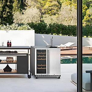 HCK Wine Cooler Fridge and Kegerator 2in1 Outdoor Refrigerator,Cellar Freestanding Refrigerator and keg fridge with tap with Digital Touch Display & Stainless Steel & Triple-Layer Tempered Glass Door