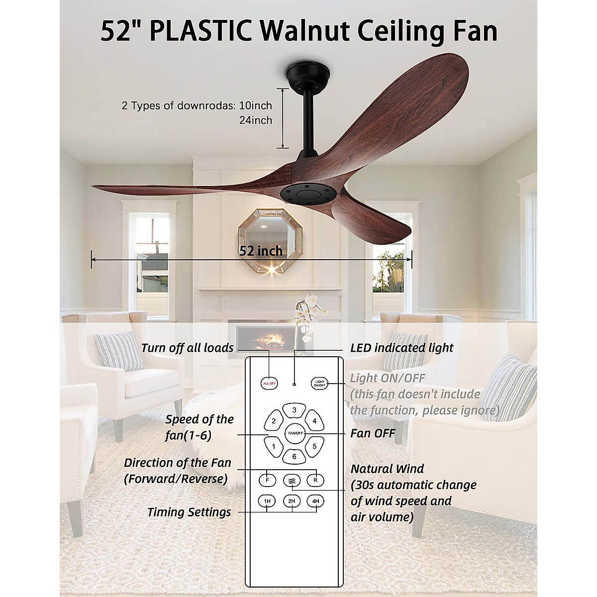 KASASS Outdoor Ceiling Fan, 52 Inch Remote Control Ceiling Fan, Indoor Ceiling Fan，Modern Classic Ceiling Fan for Kitchen, Bedroom, Living Room, Farmhouse, Patio (Walnut Color)