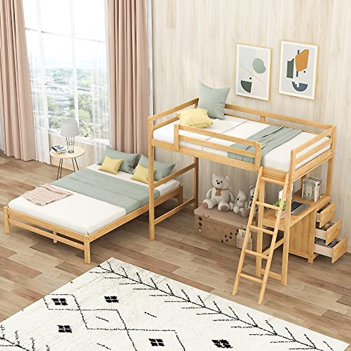 KoiHome Twin Over Full Bunk Bed with Built-in Desk and Three Drawers, Wood Bunk Bed with Full-Length Guardrail & Solid Slat Support for Kids,Teens Bedroom, No Box Spring Needed, Natural