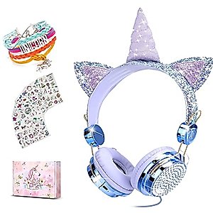 SVYHUOK Unicorn Kids Headphones for Girls Children Teens,Cute Cat Ear Wired Headphones w/Microphone 3.5mm Jack, Over On Ear Headset for School Birthday Xmas Unicorn Gift (Princess Blue)