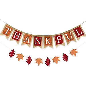 Whaline Fall Banner Thankful Burlap Banner Maple Leaf Glitter Paper Banner Pre-Assembled Rustic Bunting Garland for Autumn Harvest Hanging Decorations Thanksgiving Party Supplies Home Decoration