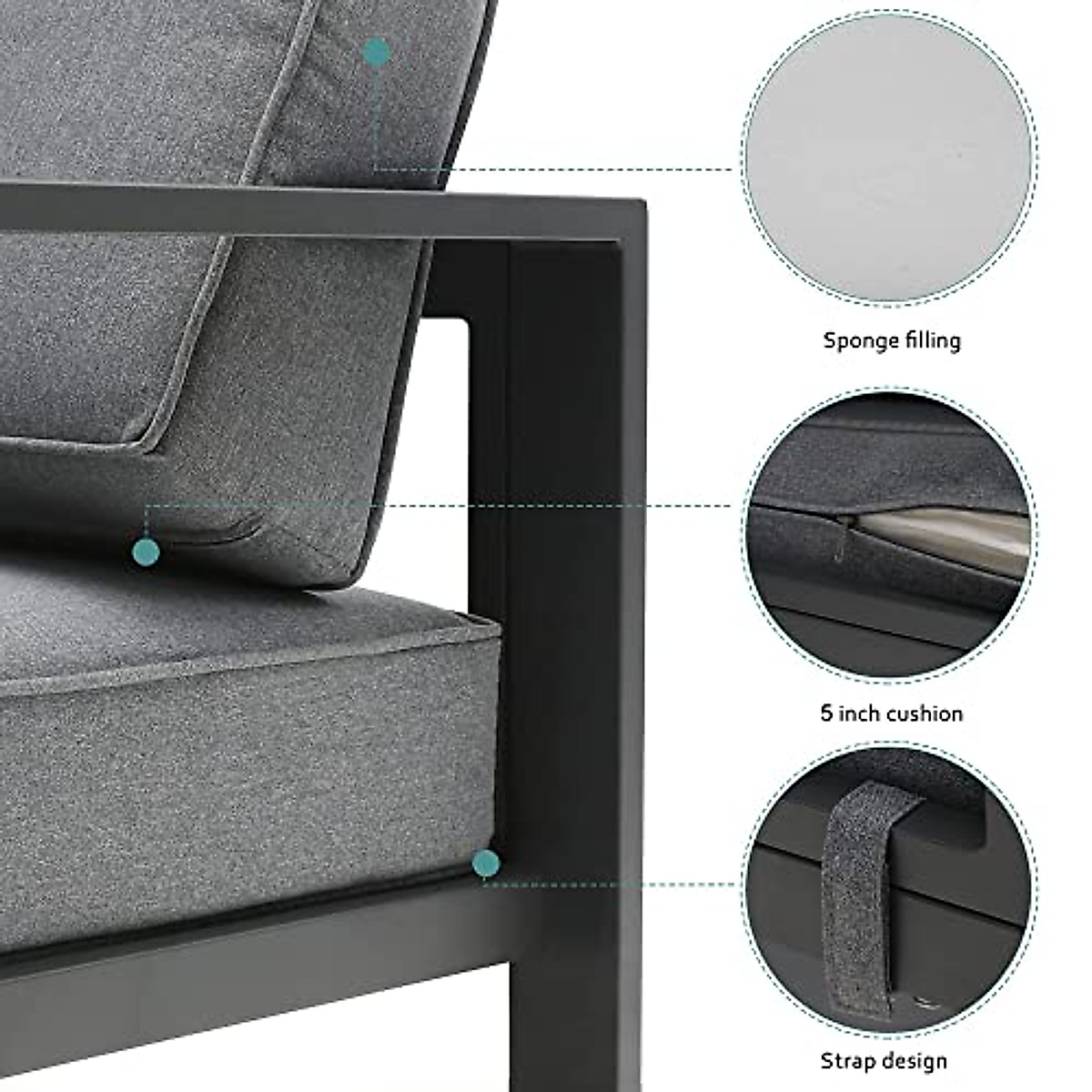 Green4ever Aluminum Patio Furniture Sofa, All-Weather Modern Metal Outdoor 3-Seat Couch with Removable, Water-Resistant Cushions (Gray)