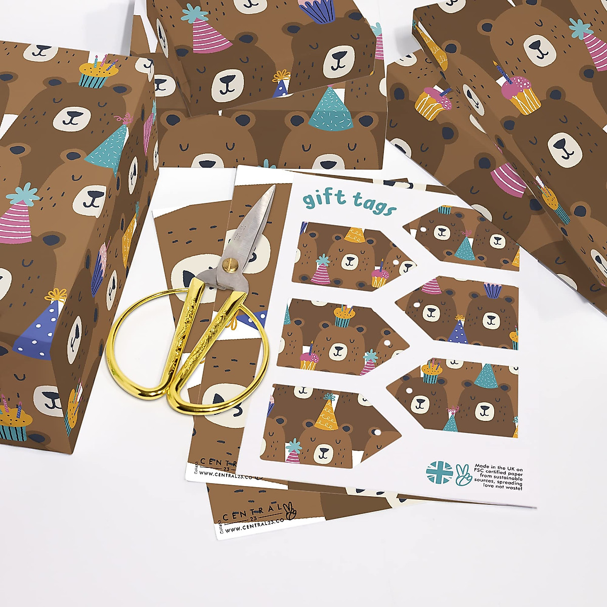 CENTRAL 23 Kids Wrapping Paper - 6 Sheets of Gift Wrap for Boys - Cute Animals - Party Bear Wrapping Paper Baby Shower - For Birthday - For Son, Grandson, Nephew - Comes With Fun Stickers