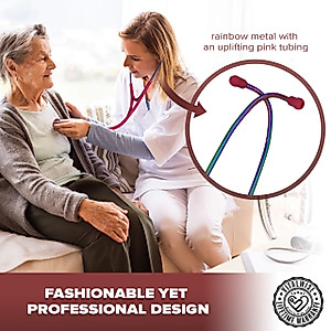 VITALWISE Heart Shaped Rainbow and Vibrant Pink 28 Inch Cardiology Stethoscope with Personalizable Spare Parts and Pink Case, Great for a Nurse, EMT, Vet, Doctor