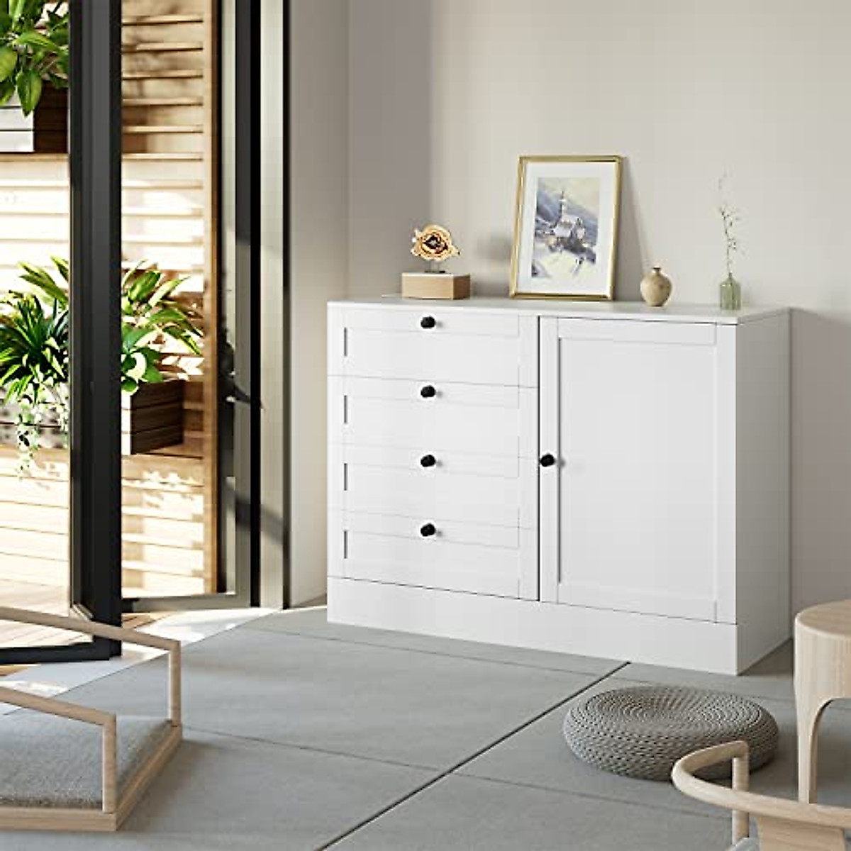 HOSTACK 4 Drawer Dresser with Door, White Chest of Drawers, Modern Storage Cabinet with Shelves | Deep Space, Wide Dresser Sideboard Buffet for Living Room, Dining Room, Hallway, White