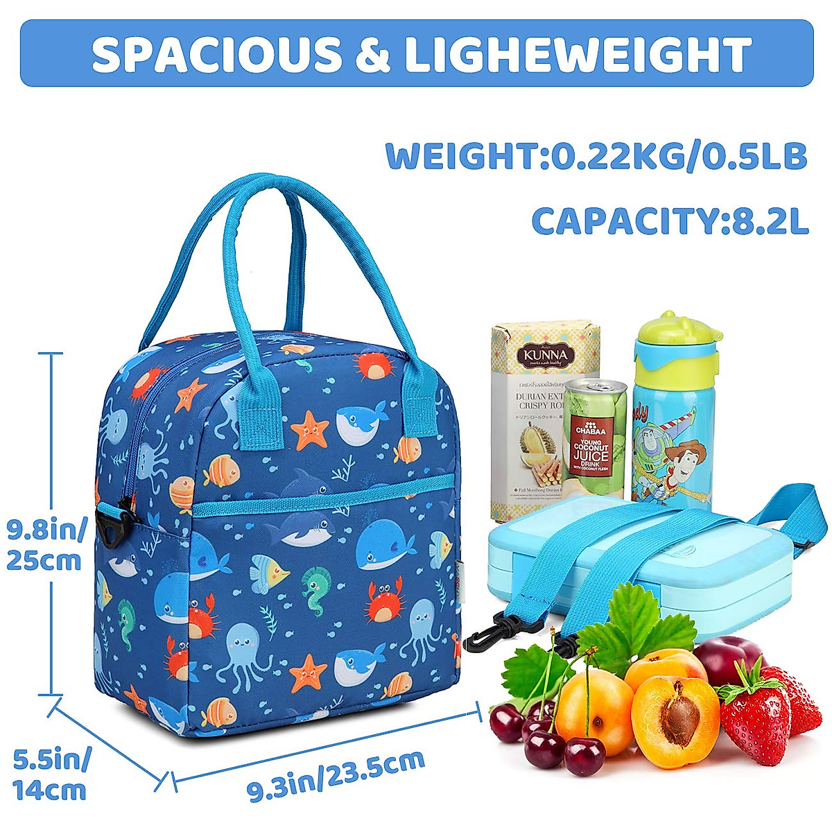VASCHY Lunch Box Bag for Kids, Insulated Lightweight Lunch Tote for Children Boys and Girls School Daycare Kindergarten Ocean