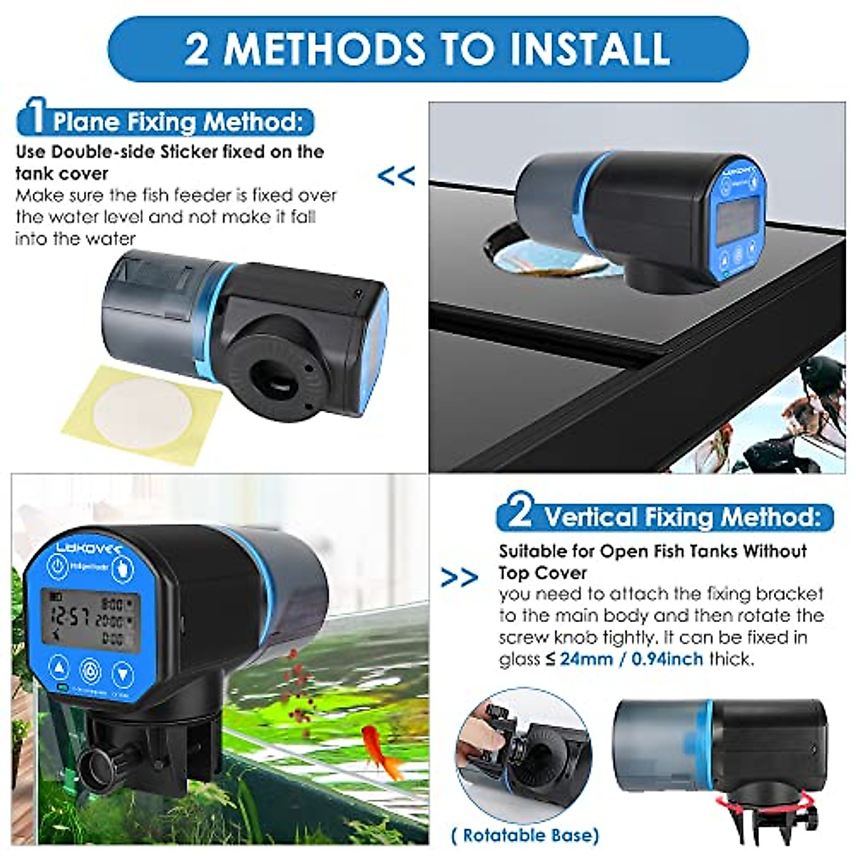 Lukovee Automatic Fish Feeder,New Generation Feeding Time Display USB Rechargeable Timer Moisture-Proof Aquarium or Fish Tank Food Dispenser with 200ML Large Capacity for Vacation Weekend Holiday,Blue