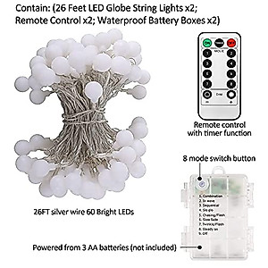 Battery Operated LED Globe String Lights, 2-Pack Total 52FT 120LEDs - Each 26FT 60LEDs 8 Mode Waterproof Christmas Fairy String Lights with Remote for Home Bedroom Garden Wedding Party Decoration