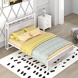 Bellemave Full Metal Bed Frame with Wooden Headboard and USB Ports Full Size Platform Bed 2-Tier Storage Headboard and Charging Station, Noise-Free, No Box Spring Needed, White