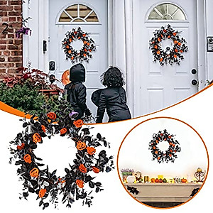 Halloween Floral Wreath Hangers, 11.81inch 35cm Round Artificial Leaf and Branch Pumpkin Cards Garland for Inside Outside, Farmhouse, Porch Wall or Window Decor Sign Front Door Decoration
