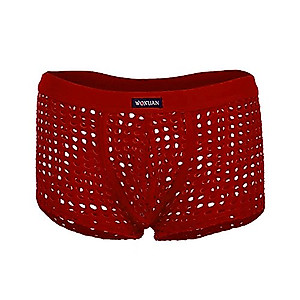 Men Boxer Briefs Round Hole Hollow Stretch Pouch Breathable Quick-Dry Sexy Underwear Mid Waist Fashion Trunks Underpants Red