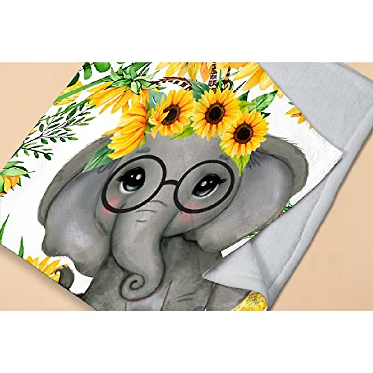 Super Soft Blanket Glasses Elephant and Sunflower Light Weight Throw Quilt Comfy Fluffy for Bed Sofa Suitable All Seasons 80"X60" for Adult Large
