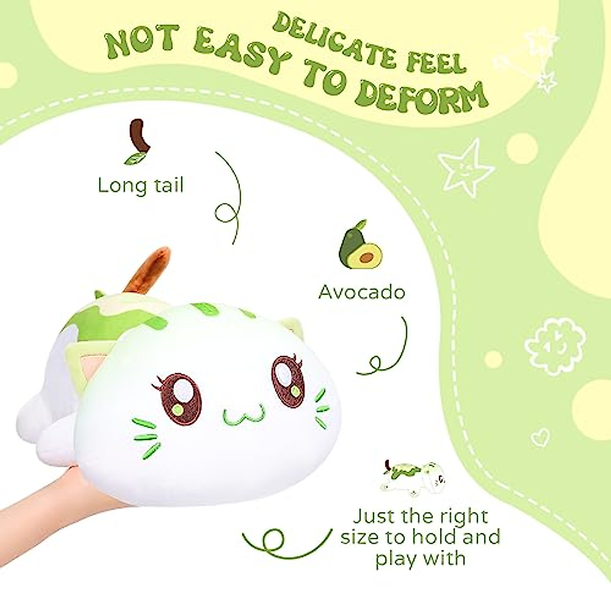 AIXINI Cute Avocado Cat Plush Pillow 13.7" Kitten Stuffed Animal, Soft Kawaii Cat Plushie Gift for Kids