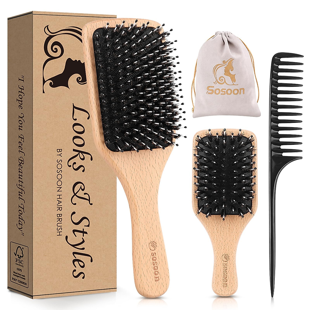 Hair Brush, 2 Pack Boar Bristle Paddle Hairbrush for Women Men Kids Reducing Frizzy, No More Tangle, Small Travel Brush Tail Comb & Giftbox Included