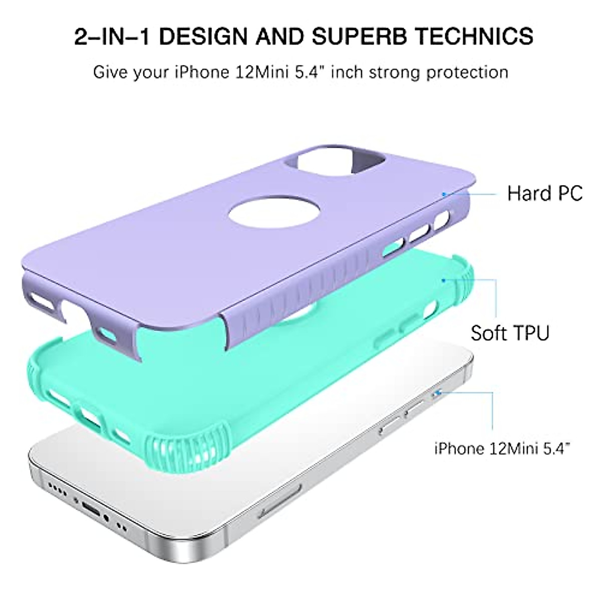 BENTOBEN iPhone 12 Mini Case, Phone Case iPhone 12Mini, Heavy Duty 2 in 1 Full Body Rugged Shockproof Protection Hybrid Hard PC Bumper Drop Protective Girls Women Boy Men 12 Mini 5.4 Cover,Purple/Mint