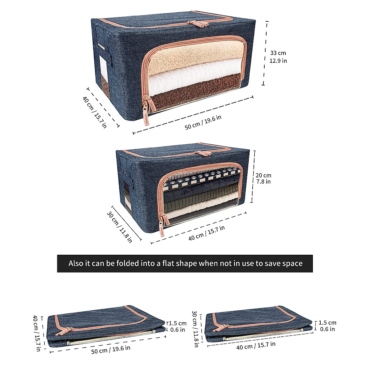 Pranski 2-PACK Clothes Storage Bins Box, Linen Fabric Foldable Cloth Container with Clear Window & Carry Handles Metal Steel Frame - Large Capacity for Closet, Blankets, Toys, Books (Blue, 22L)