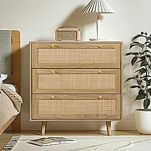 Anmytek Modern Rattan Wood Chest of 3 Drawer Dresser with Spacious Storage for Bedroom Living Room H0027, Rustic Oak