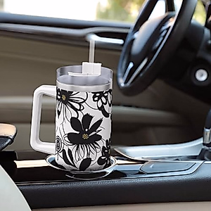 HULIBIN Black and White Flowers Print Double Deck Stainless Steel Travel Coffee Cup With Lid 40 Oz Ice Bully Cup