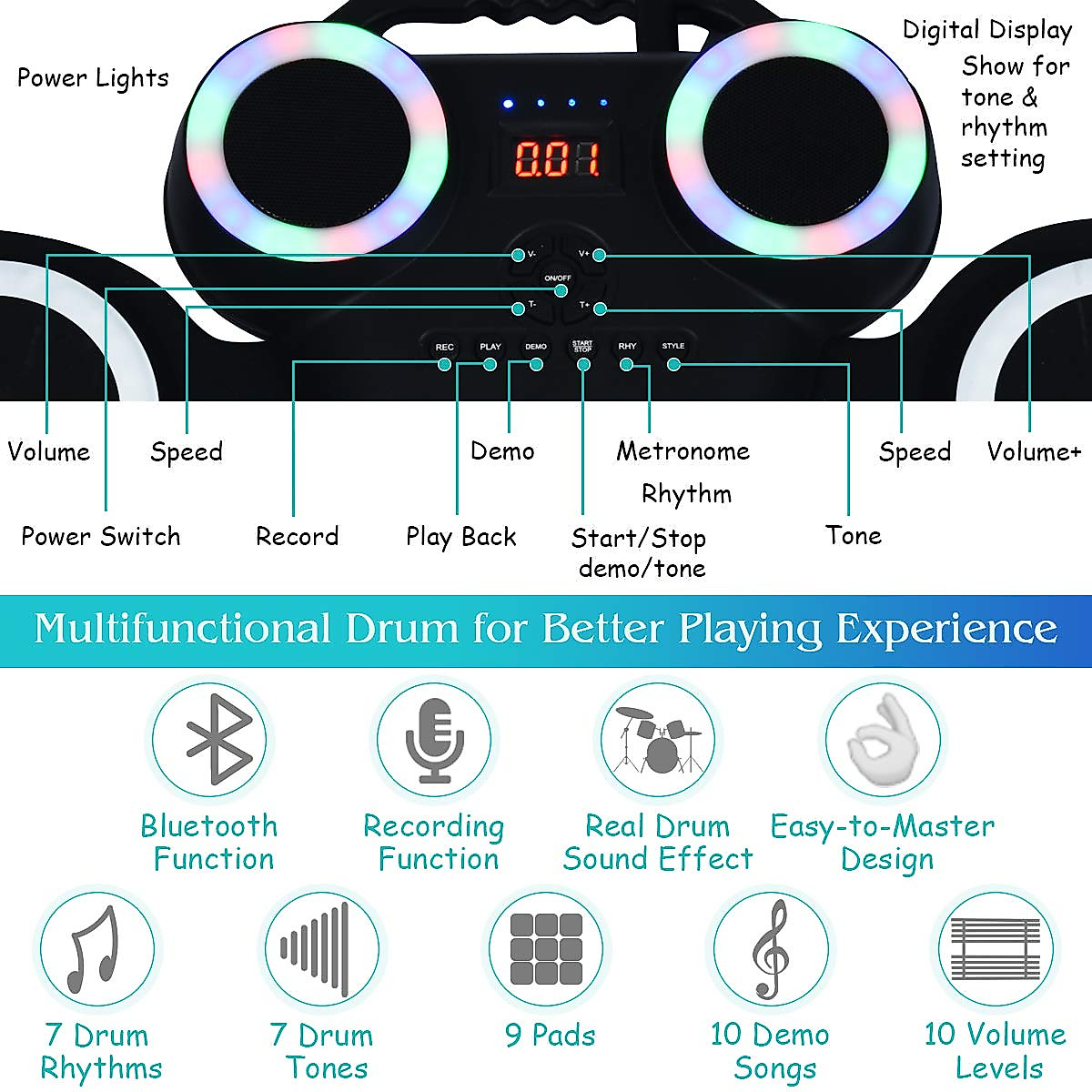 Costzon 9 Pads Electronic Drum Set with LED Light, Portable Roll up MIDI Drum Practice Pad w/Bluetooth, 7 Tones & Rhythms, 10 Demos, Foot Pedals, 2 Built-in Speakers, for Beginners Kids (Black)